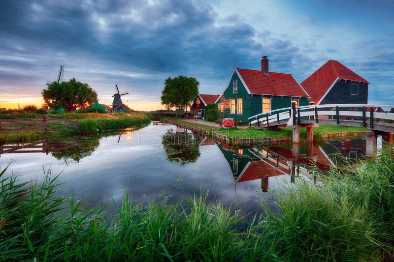 Landscape of Netherlands Windmills at Night Stock Image - Image of ...