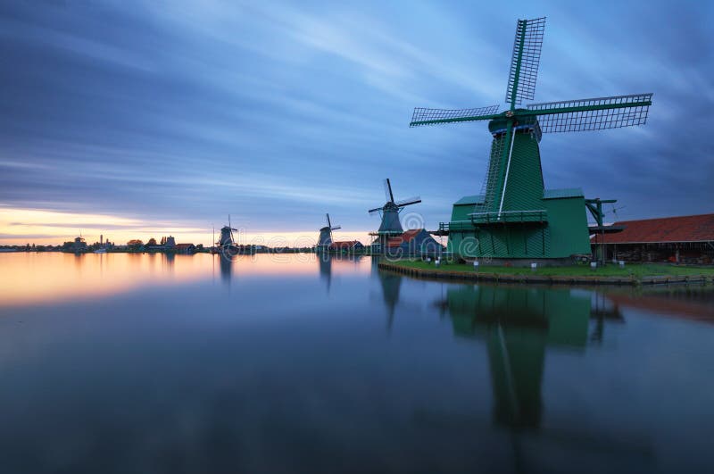 Landscape of Netherlands Windmills at Night Stock Image - Image of farm ...