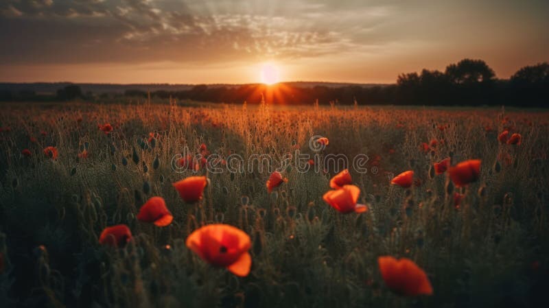 Landscape with Nice Sunset Over Poppy Field Stock Photo - Image of ...