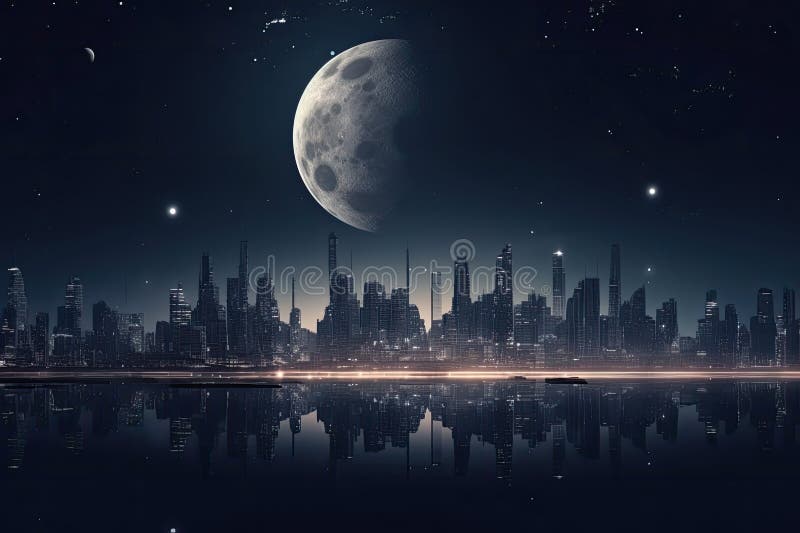Cityscape of Night City with Different Buildings, Moon and Clouds in ...