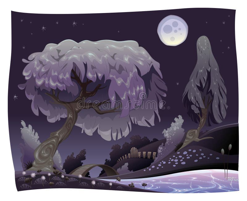 Landscape in the Night with River. Stock Vector - Illustration of ...