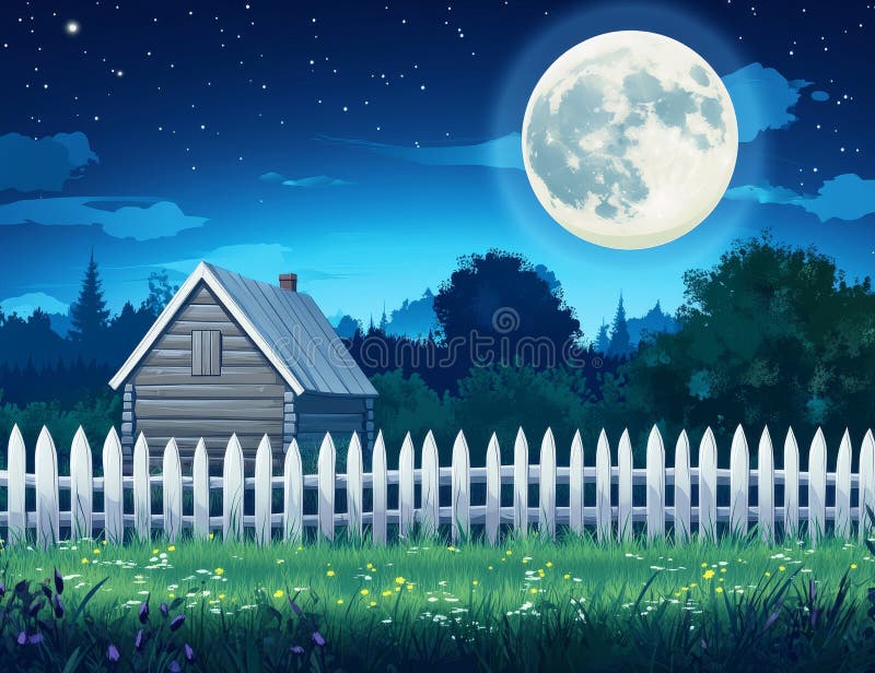 A Landscape at Night with a Small Hut in the Middle of Nature Stock ...