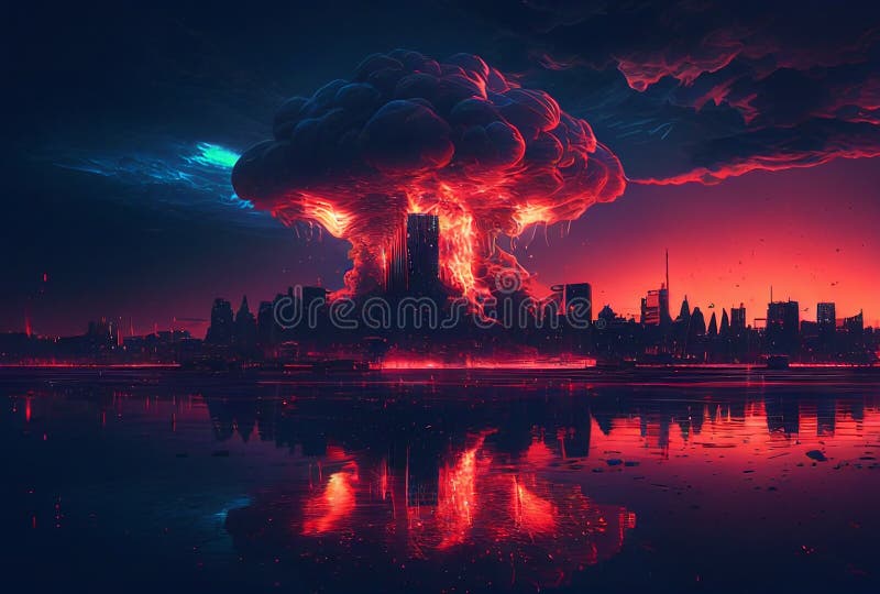 Landscape with Nuclear Explosion Over Big City, Illustration Stock ...