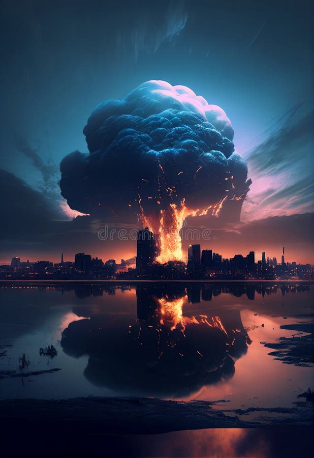 Landscape with Nuclear Explosion Over Big City, Illustration Stock ...