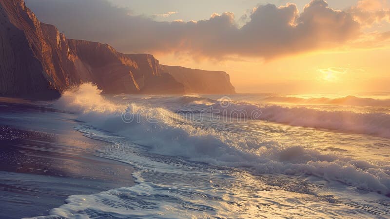 Landscape of Ocean with Cliff Rocks Hit by Big Waves at Sunset Stock ...