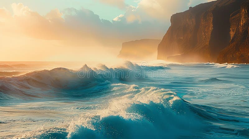 Landscape of Ocean with Cliff Rocks Hit by Big Waves at Sunset Stock ...