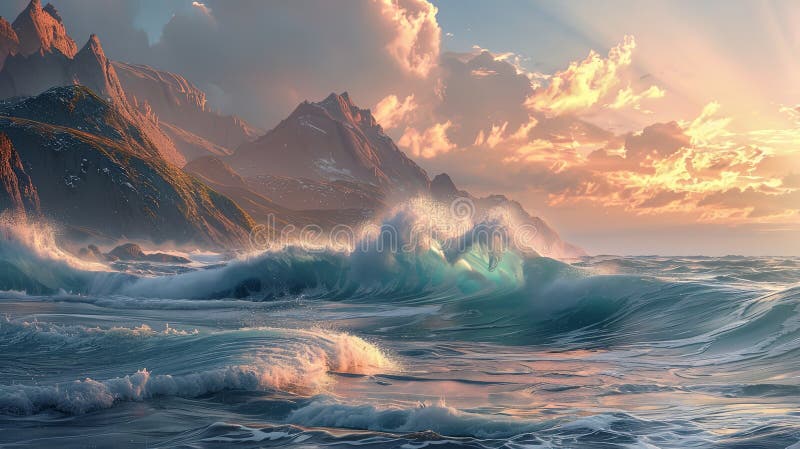 Landscape of Ocean with Cliff Rocks Hit by Big Waves at Sunset Stock ...