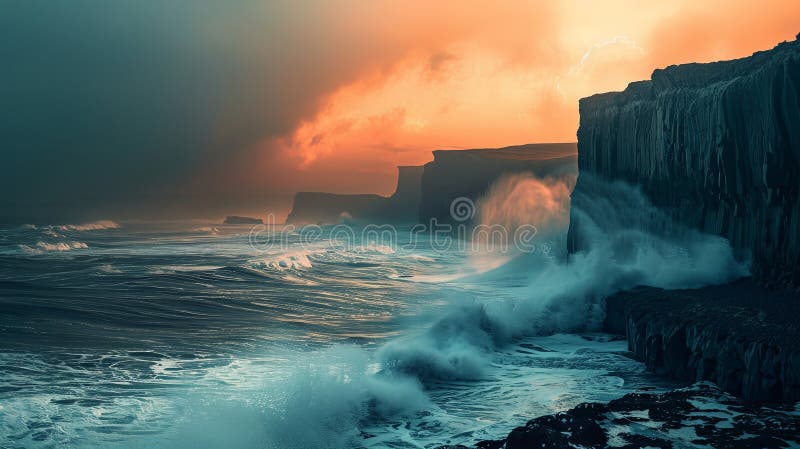 Landscape of Ocean with Cliff Rocks Hit by Big Waves at Sunset Stock ...
