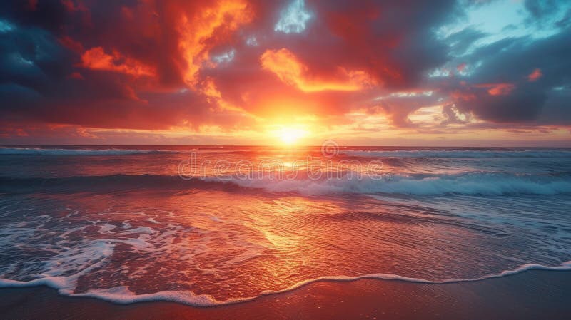 Landscape of Ocean at Sunset with Sand and Beach Stock Illustration ...