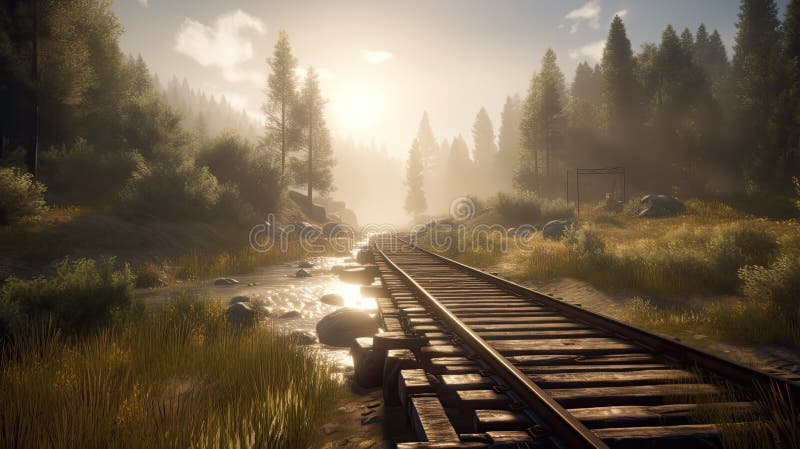 Landscape of an Old Railroad Track Entering a Forest at Dawn Created ...