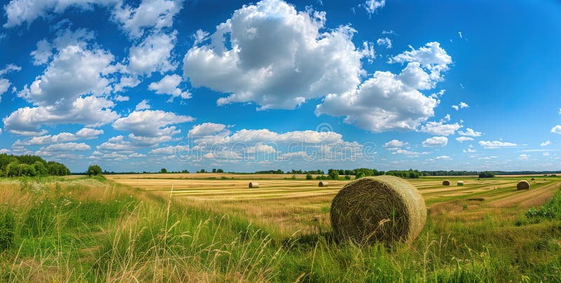 Landscape of an Open Field with Hay Bales and Green Grass, Sky with ...