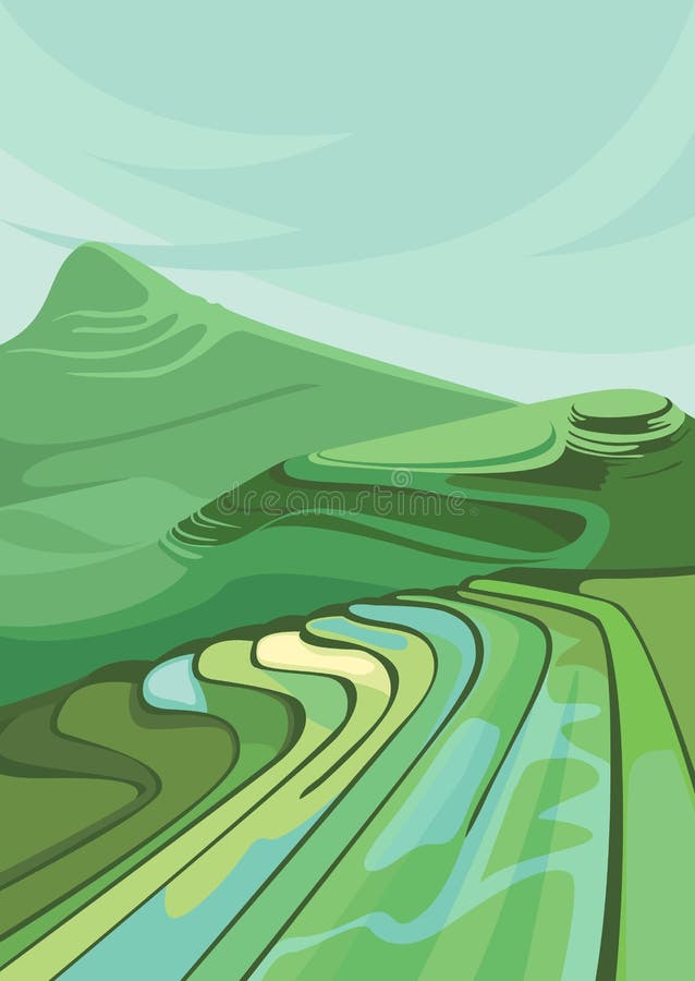 Landscape with Paddy Fields. Stock Vector - Illustration of poster ...