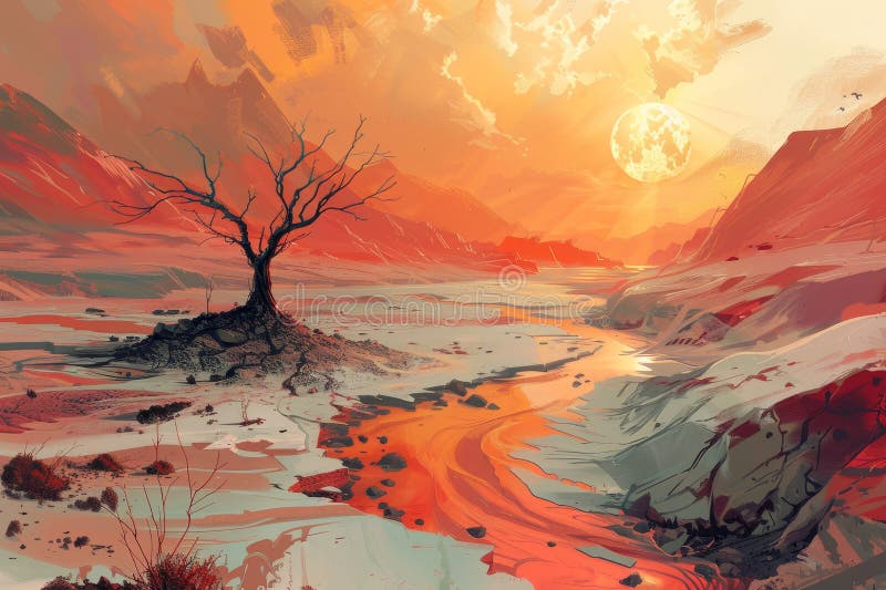 A Landscape Painting Showcasing a Tree in the Foreground, Capturing the ...