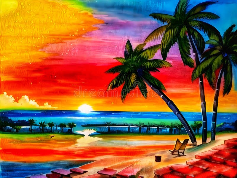 Landscape Paintings of the Seafront, Palm Trees and Sunset with a ...