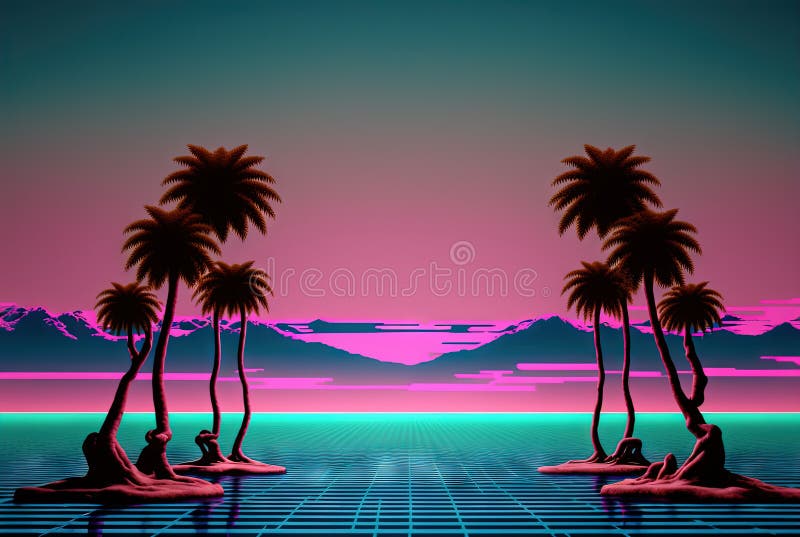 Landscape with Palm Trees and Clouds in Vaporwave Style. Generated AI ...