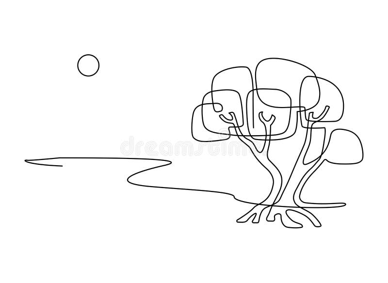 Landscape Park with Path and Trees. Continuous Line Drawing ...