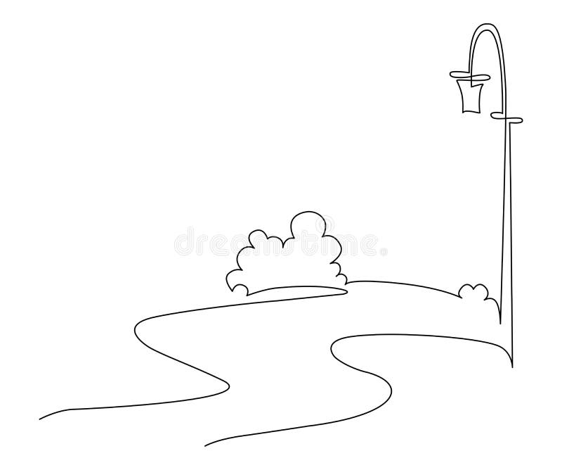 Landscape Park with a Path, Trees and a Lamppost. Continuous Line ...