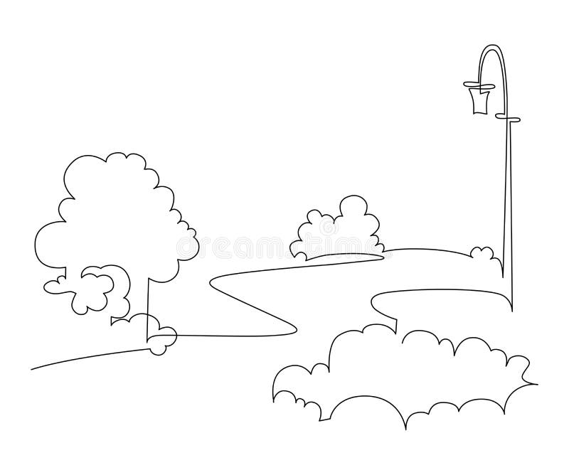 Landscape Park with a Path, Trees and a Lamppost. Continuous Line ...