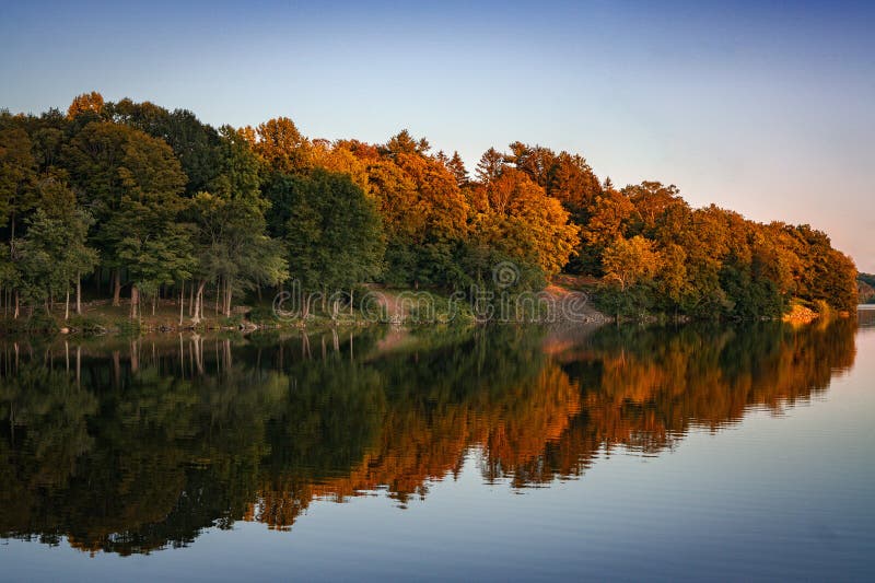 Landscape of Peaceful Area Covered with Trees and Reflecting in Still ...