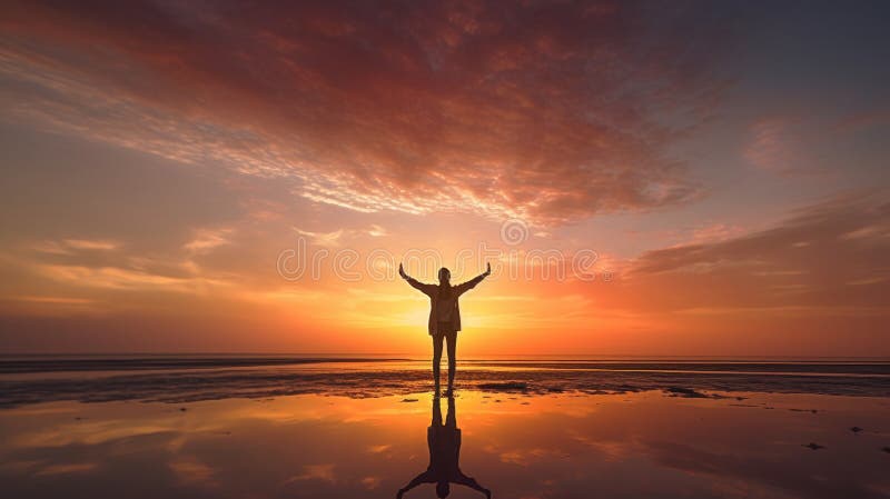 Landscape of Person Standing in Front of Sunset Generative AI Stock ...