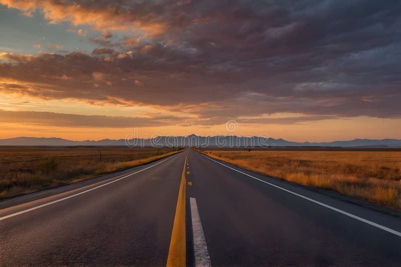 A Landscape Pf a Straight Highway with Beautiful Sunset Stock Photo ...