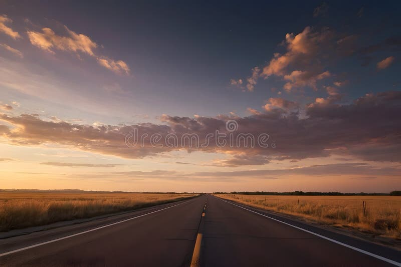 A Landscape Pf a Straight Highway with Beautiful Sunset Stock Photo ...