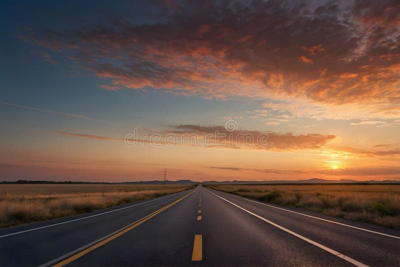 A Landscape Pf a Straight Highway with Beautiful Sunset Stock Photo ...