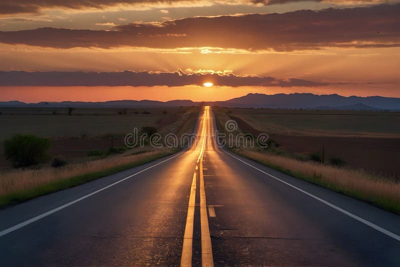 A Landscape Pf a Straight Highway with Beautiful Sunset Stock Photo ...