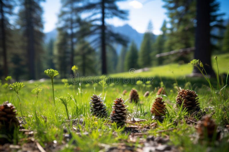 Landscape of Pine Cones Nestled in the Grass in Forest Stock Photo ...