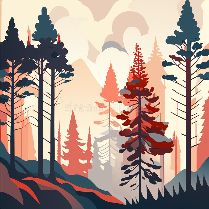 Landscape with Pine Forest. Vector in Flat Cartoon Style. AI Generated ...
