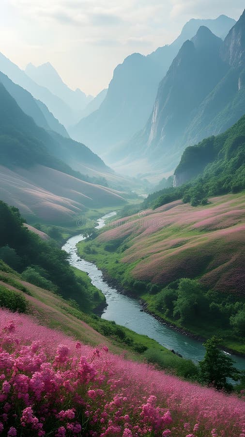 A Small River Flows in the Park Along a Walking Path. Flowers Along the ...