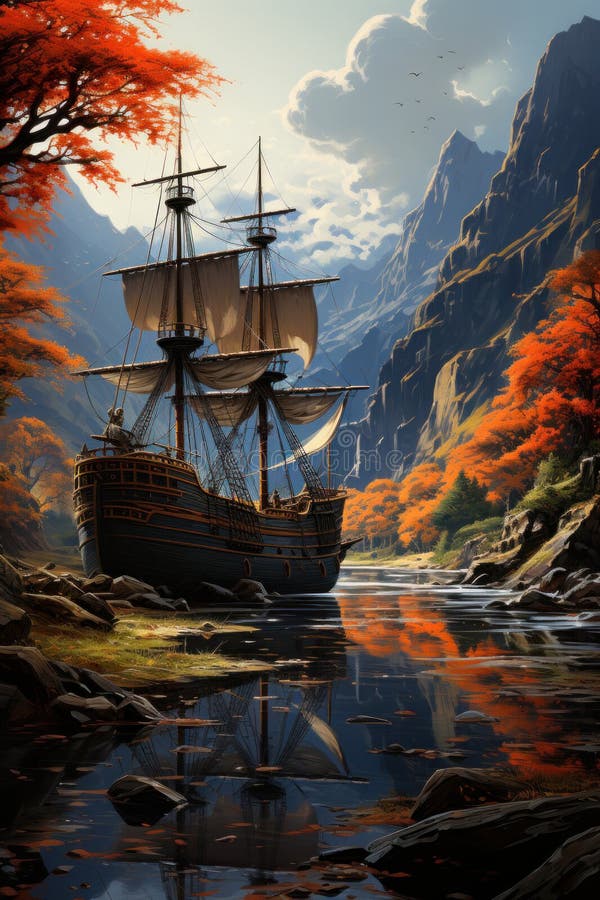 Landscape with Pirate Ship in the Sea, Lightning in the Sky Full of ...