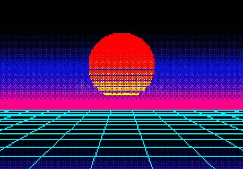 Landscape with Pixel Sun and Wireframe Grid of 80s Styled Retro ...