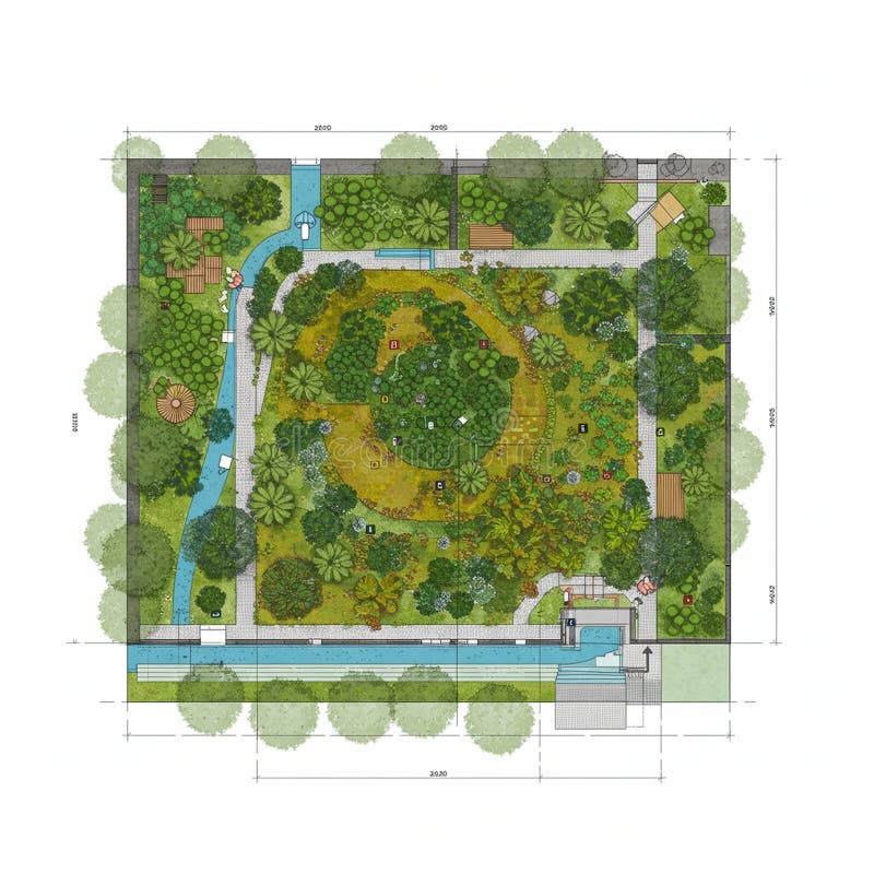 Landscape Plan Featuring a Rectangular Garden with Pathways, Water ...