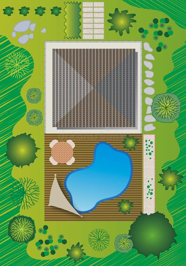 Landscape Plan with House and Pool - Garden Design Stock Vector ...