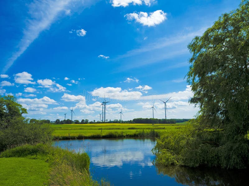 Landscape, Pond and Wind Farm Stock Image - Image of tree, scenery ...