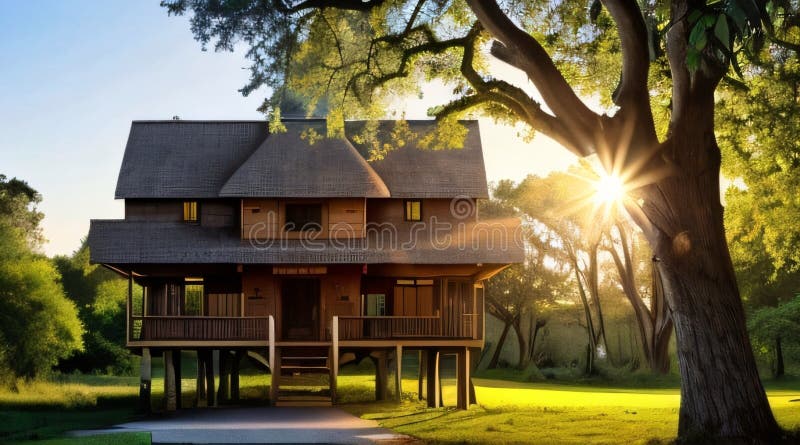 Ai Generated Landscape Potrait of a Wooden House with Trees Around it ...
