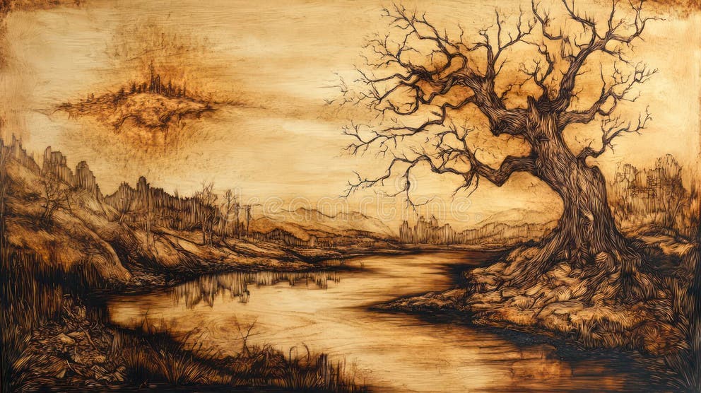 Landscape Pyrography Created with Generative AI. Environmental Scene ...