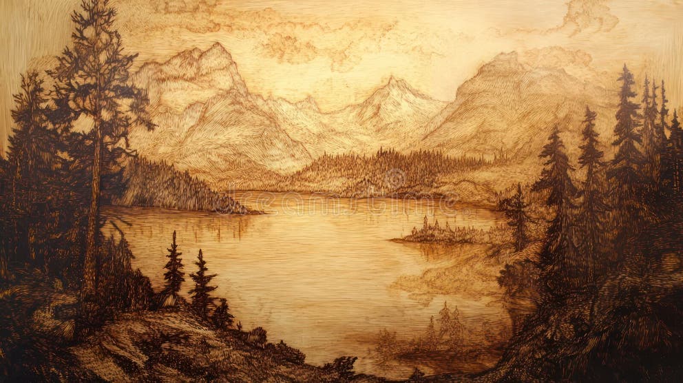 Landscape Pyrography Created with Generative AI. Environmental Scene ...