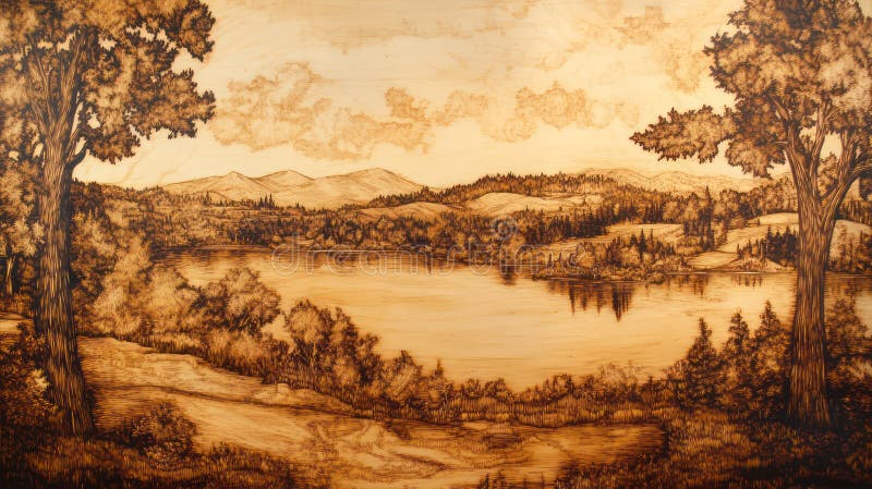 Landscape Pyrography Created with Generative AI. Environmental Scene ...