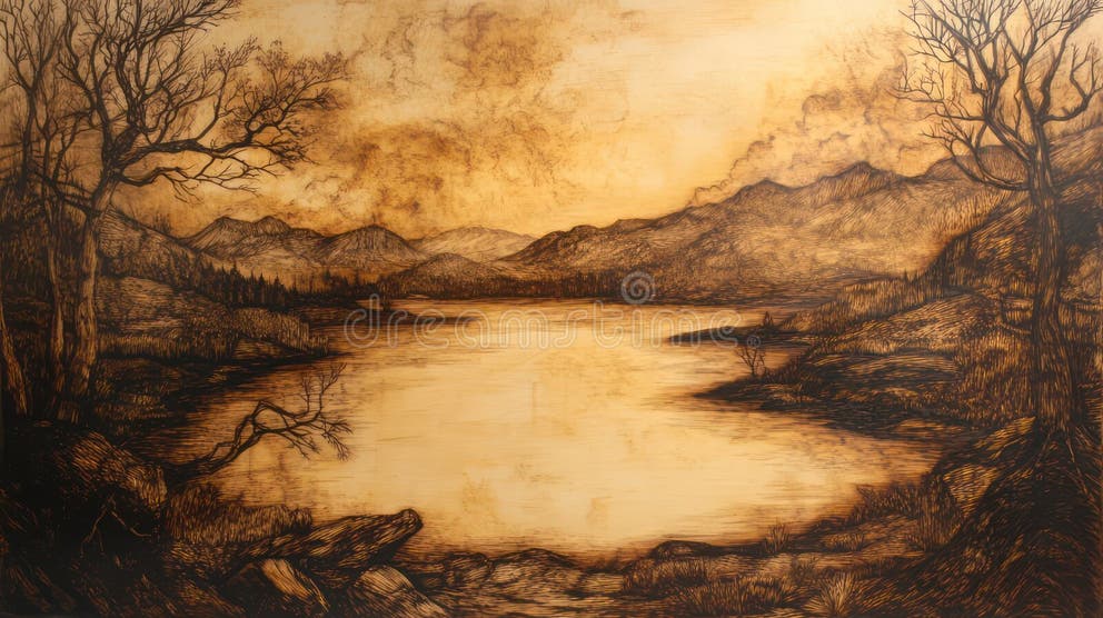 Landscape Pyrography Created with Generative AI. Environmental Scene ...