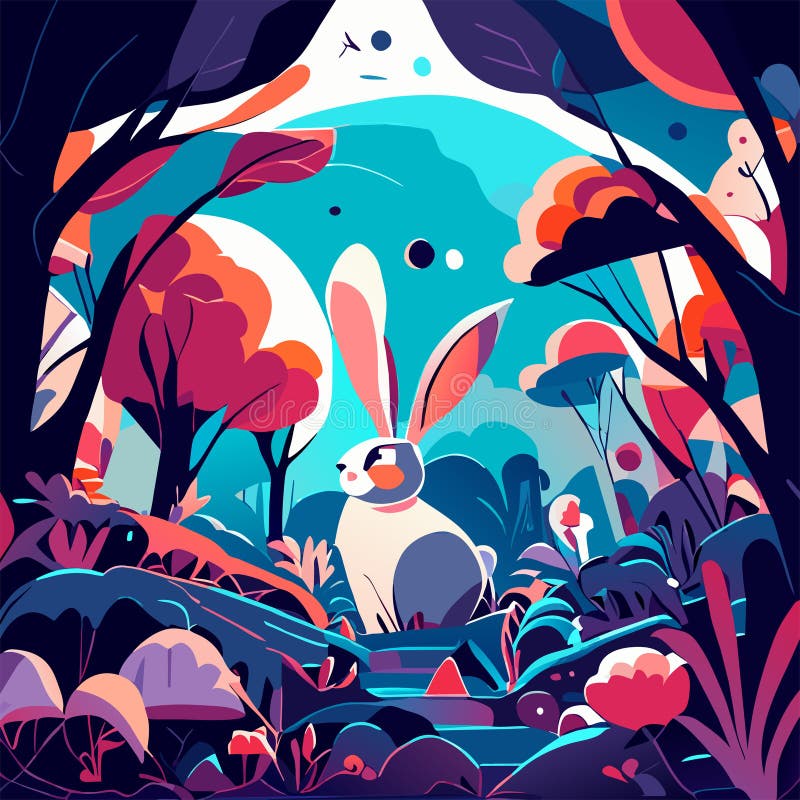 Landscape with Rabbit in the Forest. Vector Illustration in Flat Style ...