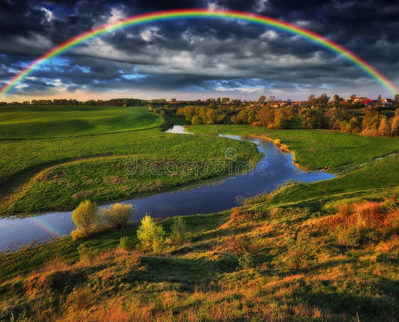 Landscape with a Rainbow on the River in Spring Stock Photo - Image of ...
