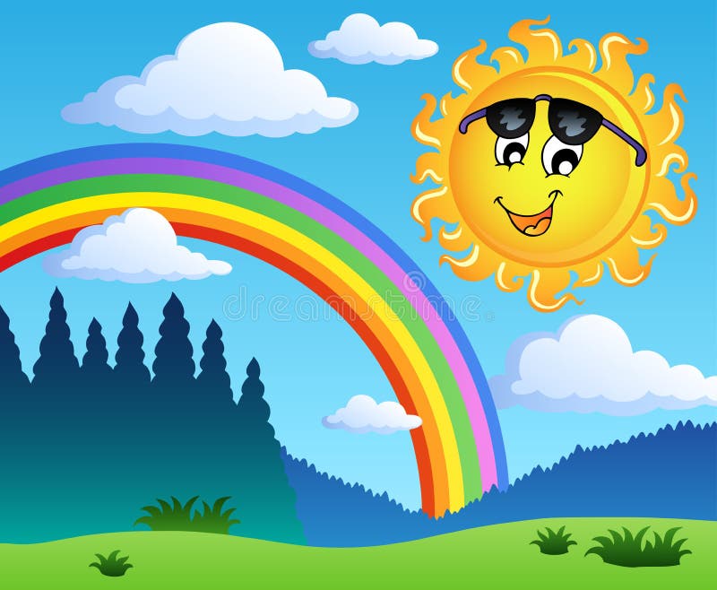Landscape with Sun and Rainbow Stock Vector - Illustration of rural ...