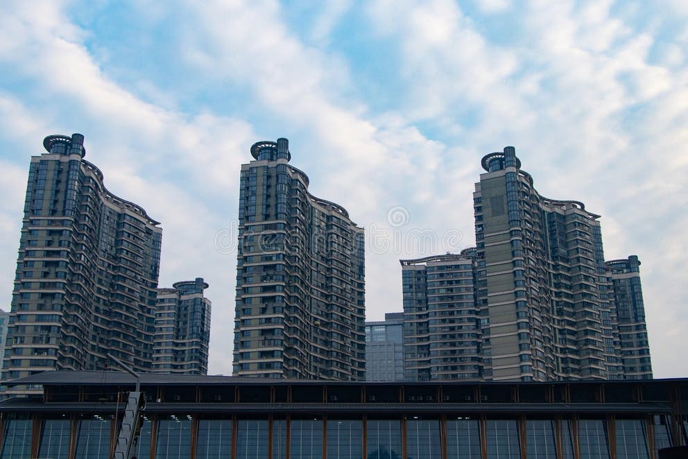 Landscape of Rectangular High-rise Building. Blue Sky with White Cloud ...