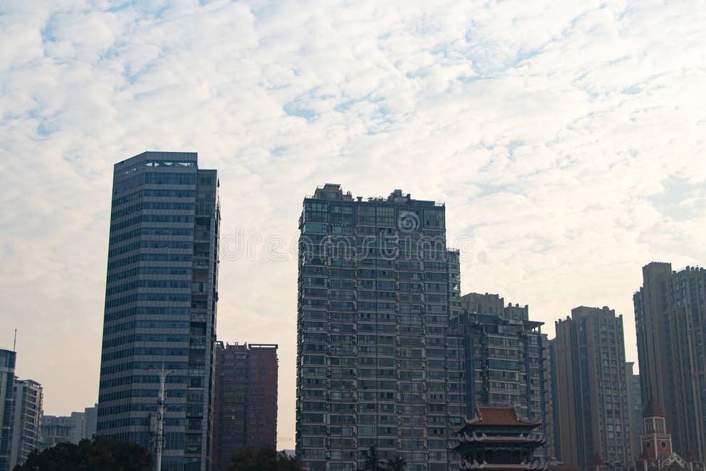 Landscape of Rectangular High-rise Building. Blue Sky with White Cloud ...