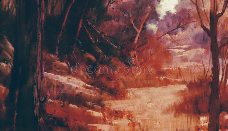 Landscape of red forest stock illustration. Illustration of painting ...