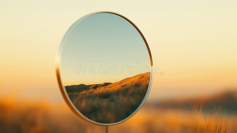 Landscape Reflection in Mirror Surrounded by Fields with Copy Space ...