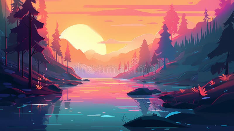 Landscape with Reflection of Pine Tree in a River Green Forest at ...