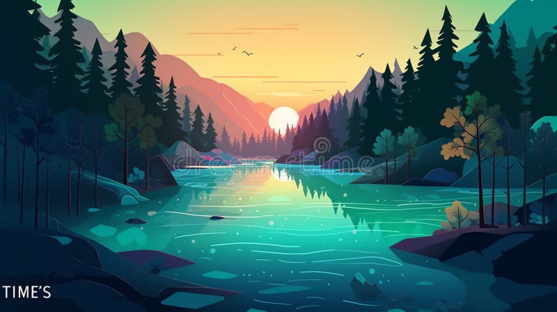 Landscape with Reflection of Pine Tree in a River Green Forest at ...